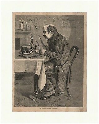 Das Mahl des Junggesellen Holzstich Essen Mahlzeit Keule Wein Karaffe P ...