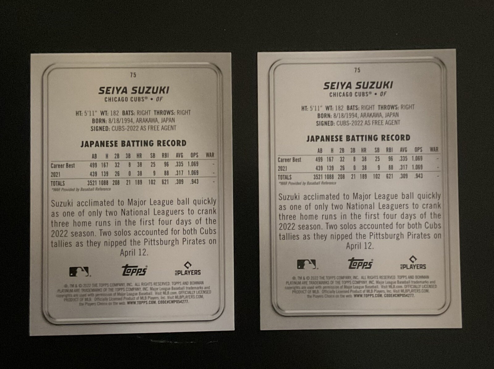 2022 Bowman Platinum Seiya Suzuki (Rookie) #75 (2 Cards) | eBay