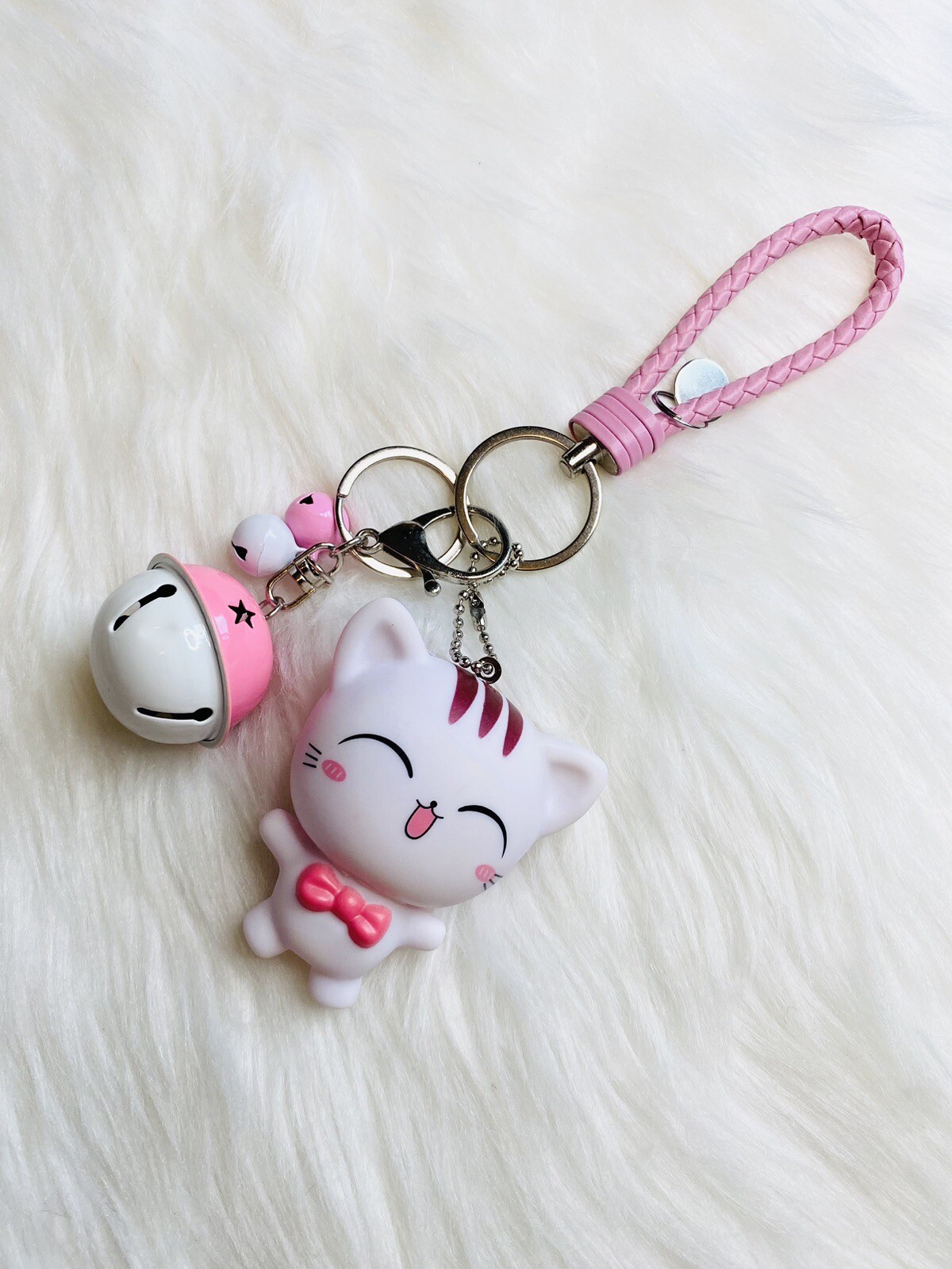 Cute 3D Kitty Cat Keychain Jingle Bell Keyring Keybag Pendant Pink Gift ...