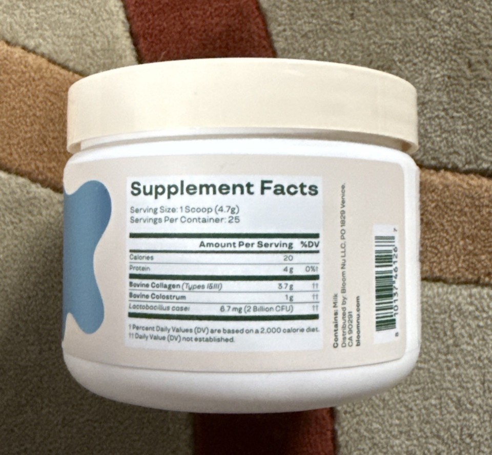 BLOOM Colostrum & Collagen Peptides 4.16oz UNFLAVORED 25 Servings- Exp ...