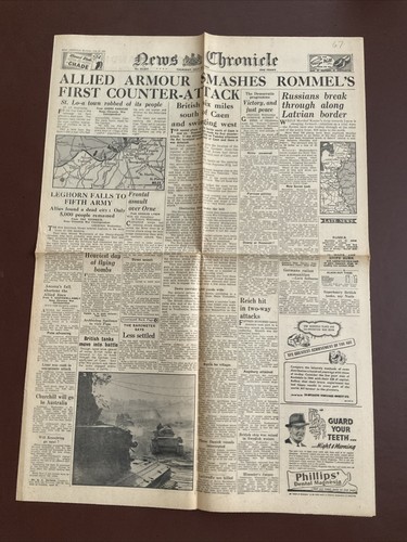 ORIGINAL WWII NEWS CHRONICLE NEWSPAPER 20 JULY 1944 - D DAY PROGRESS IN ...