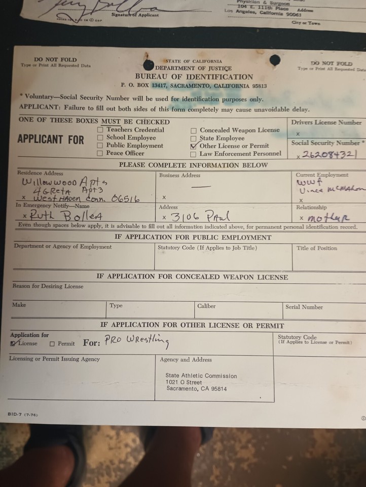 HULK HOGAN 1980 Rookie Application / Physical exam 5 Documents ULTRA ...