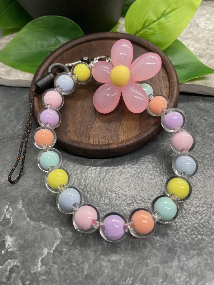 8" Stainless Steel Acrylic Bead Daisy Flower Keychain Wristlet New ...