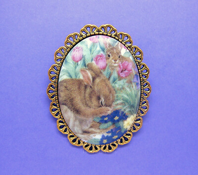 Porcelain Easter Bunny Rabbits & Tulip Cameo Costume Jewelry Goldtone ...