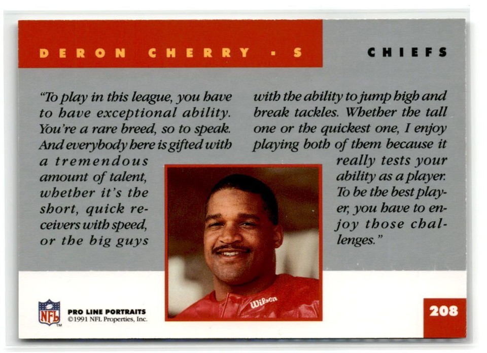 1991 Pro Line Portraits FOOTBALL #208 Deron Cherry Kansas City Chiefs ...