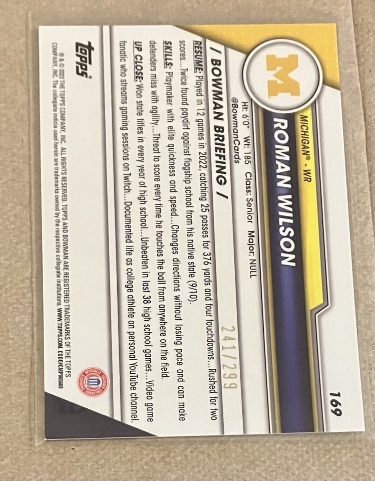 2023 Bowman Chrome U Roman Wilson RC /299 Teal Michigan Wolverines | eBay