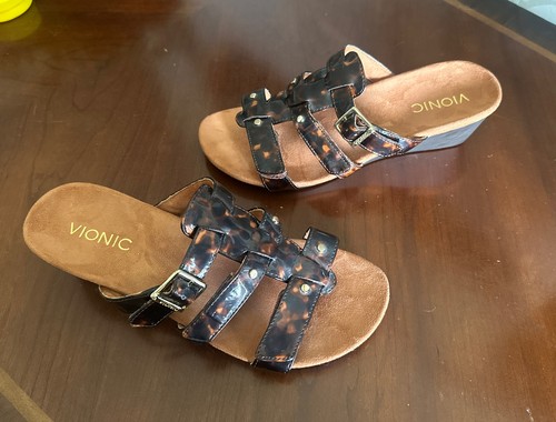 Vionic Women's Sz 7 Radia Patent Tortoise Adjustable Strap Wedge Slides ...