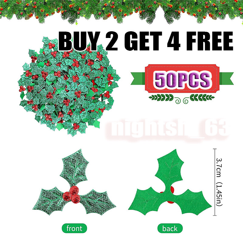 50PCS Christmas Mini Holly & Berry Leaves Embellishments DIY Craft ...