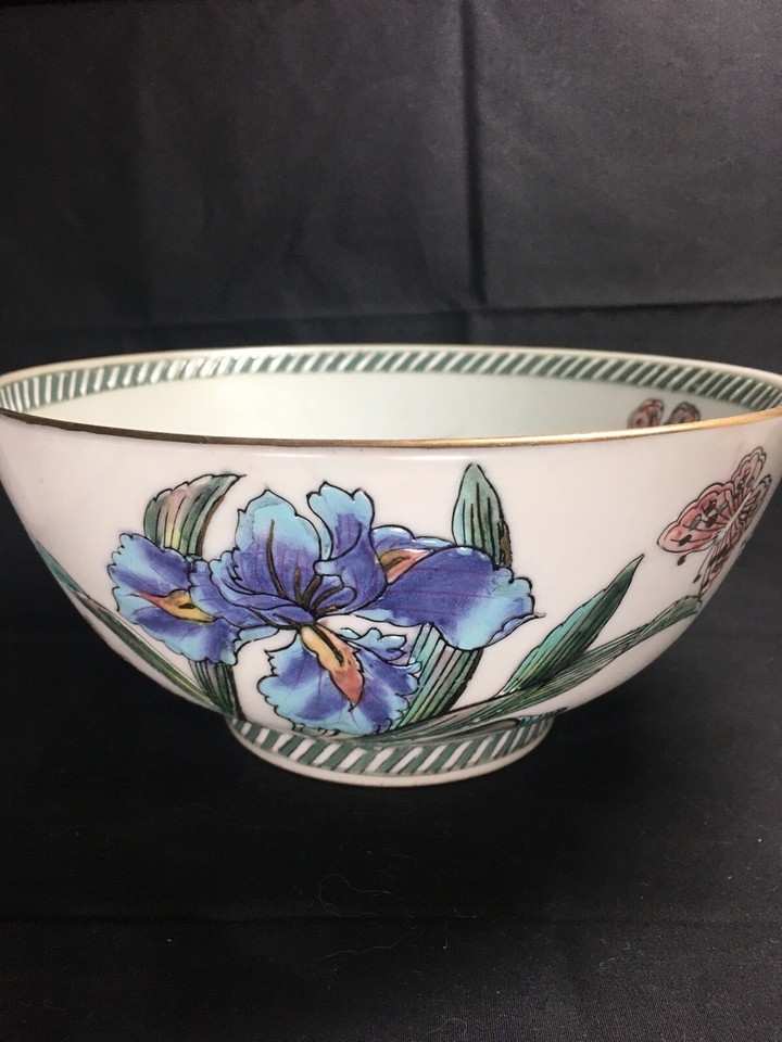 Andrea Sadek Hand Painted 10 inch heavy ceramic Art bowl blue Iris ...