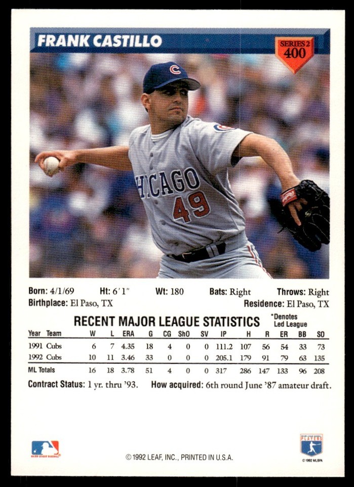 1993 Donruss Baseball Card Frank Castillo Chicago Cubs #400 | eBay