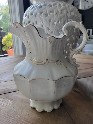 Antique East Liverpool White ironstone pitcher gold trim curved handle ...