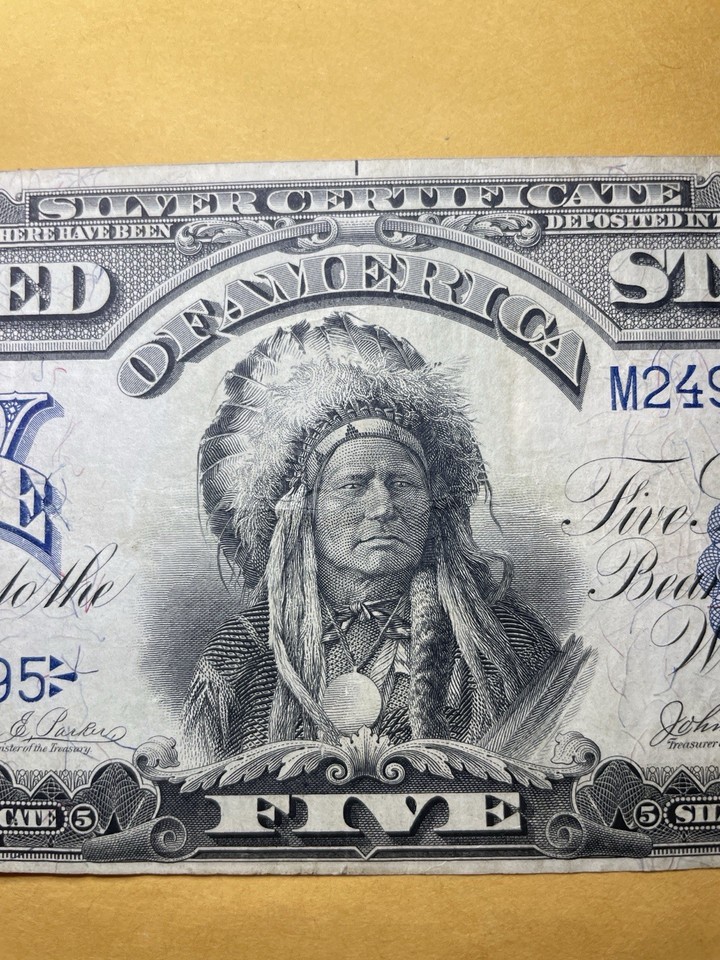 US Currency 1899 $5 Silver Certificate Indian Chief Note Blue Seal ...