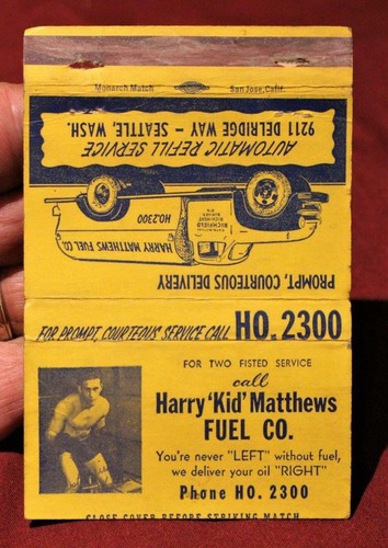 Rare 1940's Boxer Harry Kid Matthews Fuel Co. Matchbook Cover Seattle ...