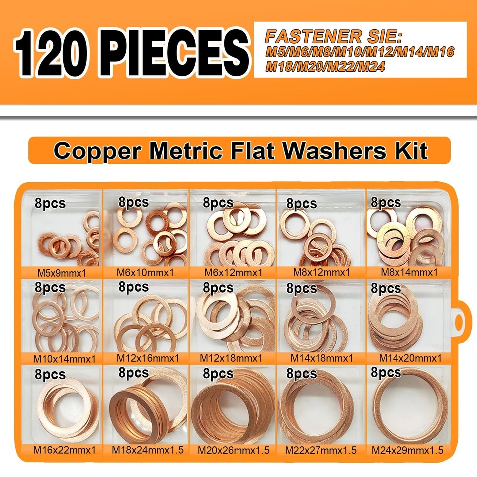 Copper Washers Assortment Kit Crush Flat Washers for Oil Plugs Drain ...