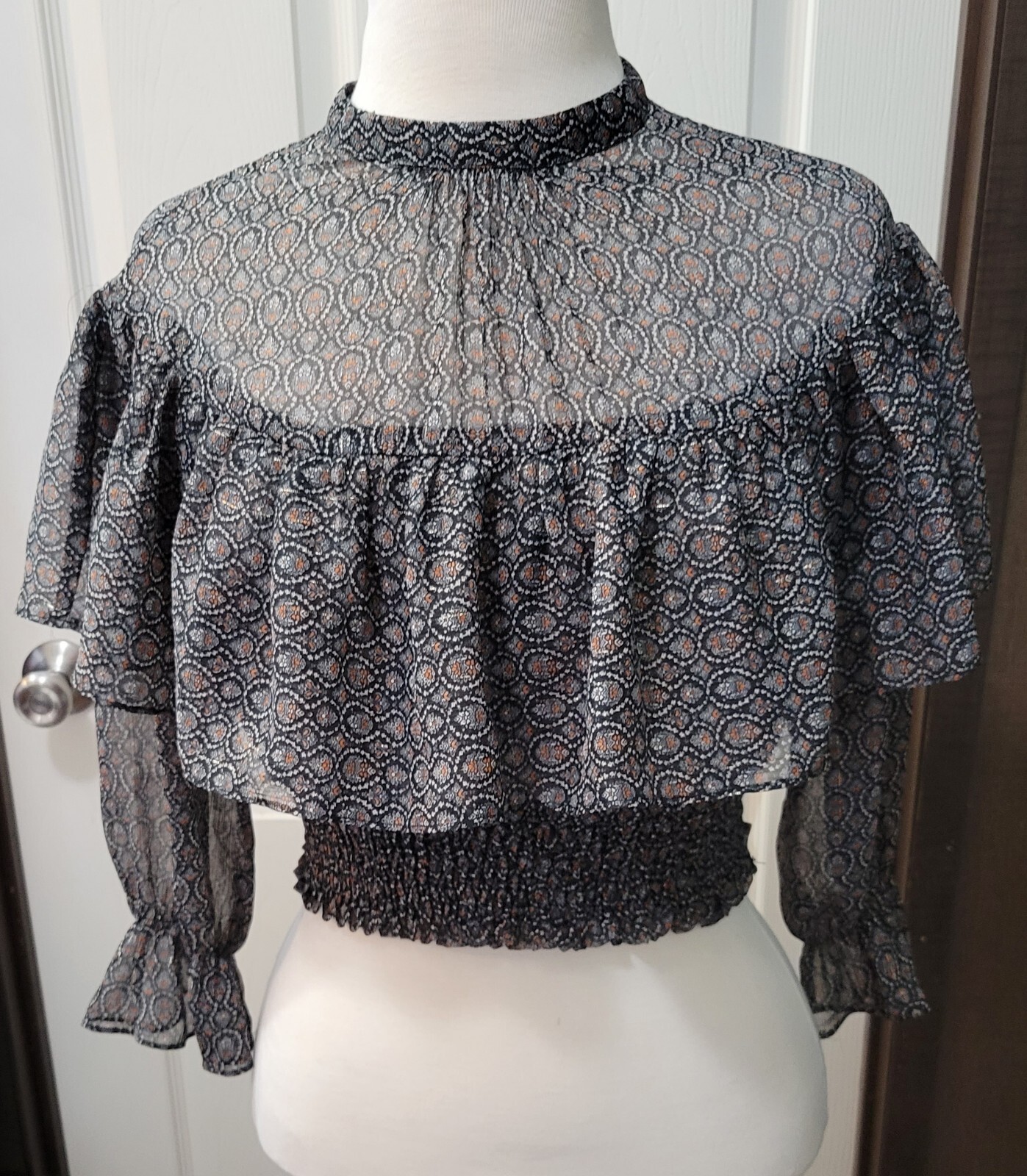 Women's Zara Sheer High Collar And Ruffle Top. Size S - Gem