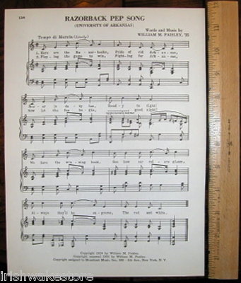 UNIVERSITY OF ARKANSAS Vintage Song Sheet c 1953 "Razorback Pep Song ...