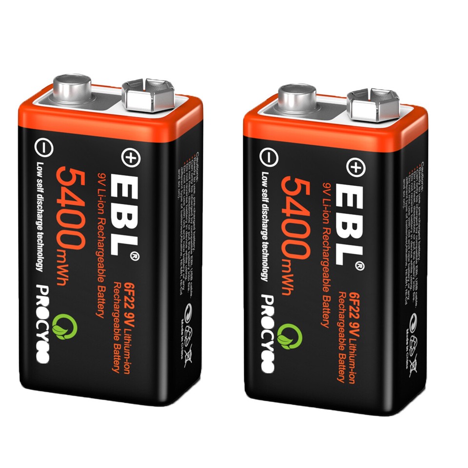Lot EBL USB Rechargeable 9V Lithium LI-ion Battery Batteries 5400mWh 9 ...