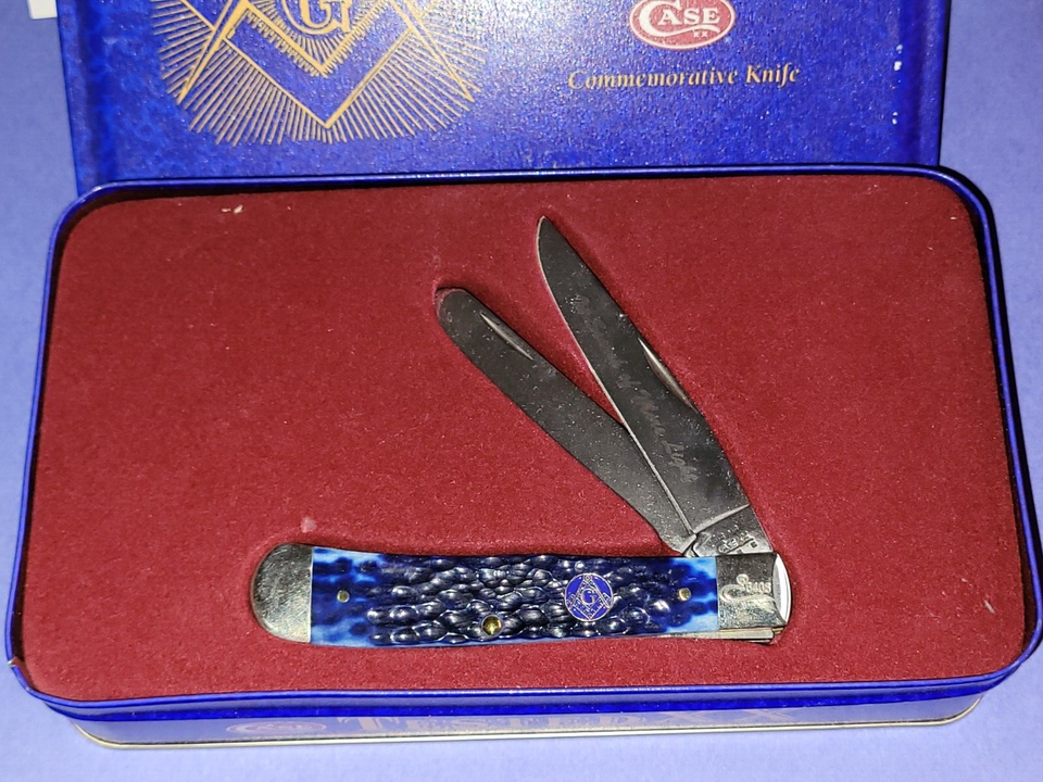 CASE XX MASONIC TRAPPER KNIFE BLUE BONE TIN GIFT SET FREEMASON NO ...