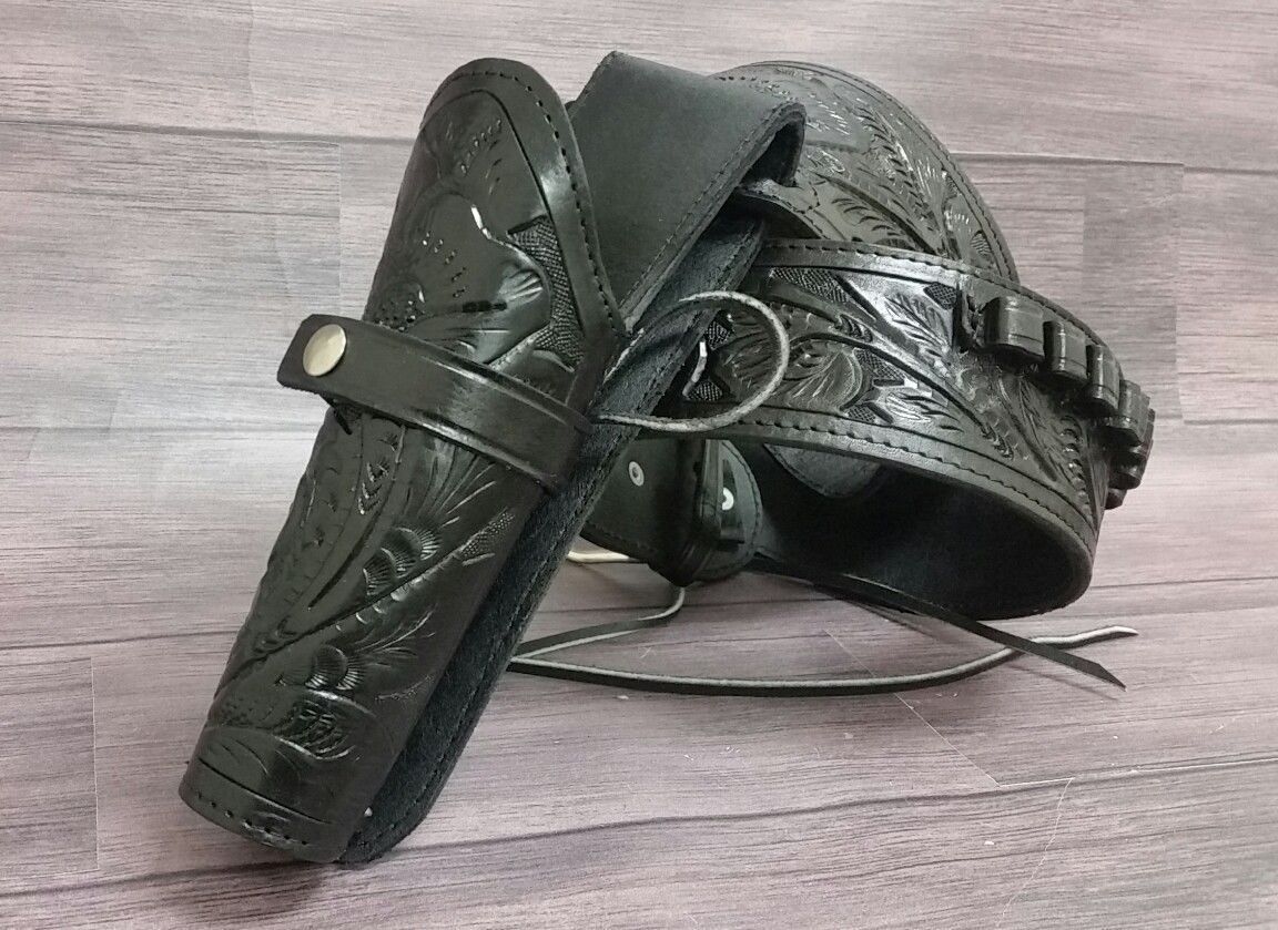 Western Leather Holster Gun Belt 44 / 45 Black Hand Made Cowboy ...