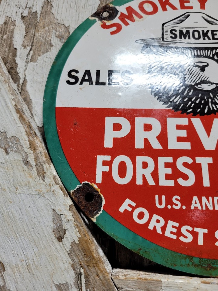 VINTAGE SMOKEY THE BEAR PORCELAIN SIGN OLD FOREST SERVICE PREVENT FIRES ...