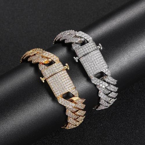 15MM Gold Plated Stainless SteeI Iced CZ Out Cuban Link Bracelet Hip ...