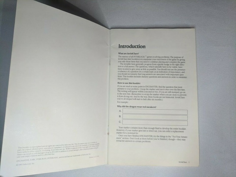 Enchanter InvisiClues Hint Booklet Infocom Vintage IBM Apple Computer ...