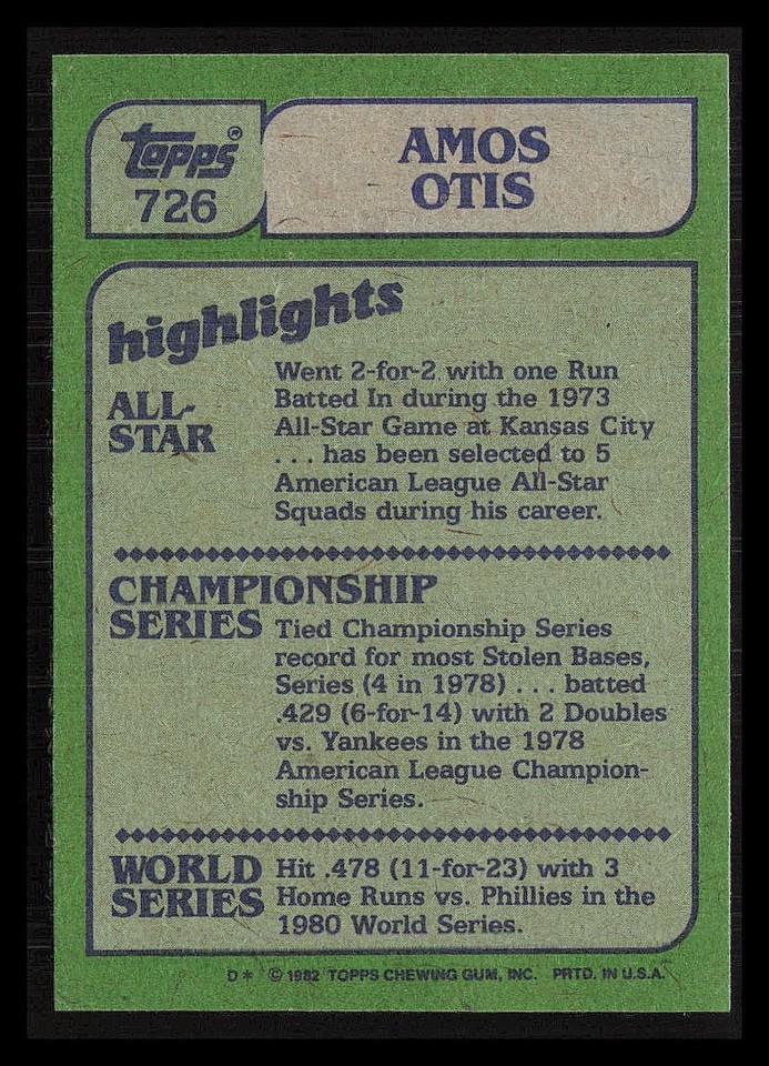 Amos Otis 1982 Topps #726 Kansas City Royals | eBay