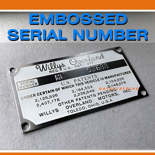WILLYS OVERLAND JEEP DATA TAG M38A1 M38 CJ5 CJ6 PLATE & embossed info ...