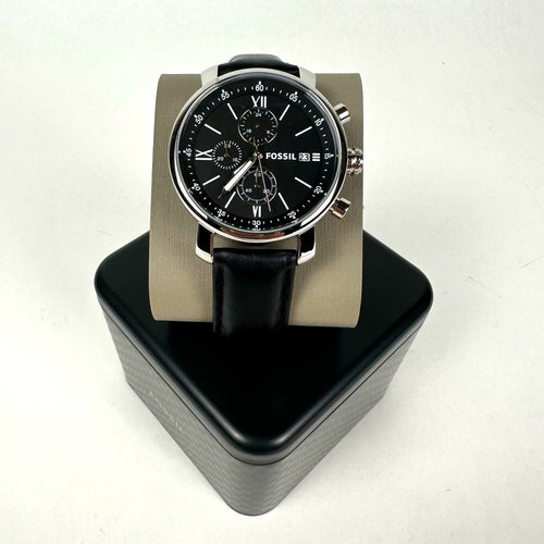 Fossil Rhett BQ1006 42mm Silver Stainless Steel Case with Black Leather ...