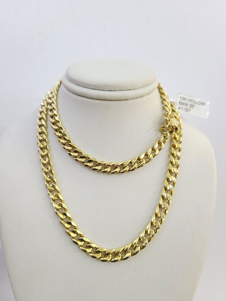 Real 10k Hollow Miami Cuban Link Chain Yellow Gold 6mm Necklace 22 Inch ...