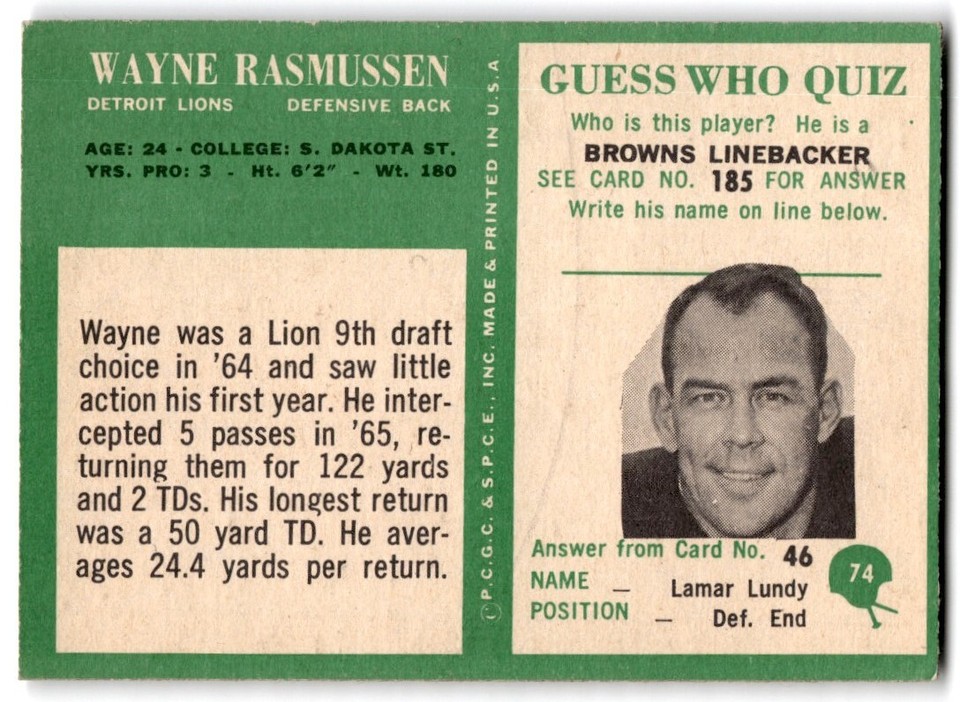 1966 Philadelphia Wayne Rasmussen Detroit Lions #74 | eBay