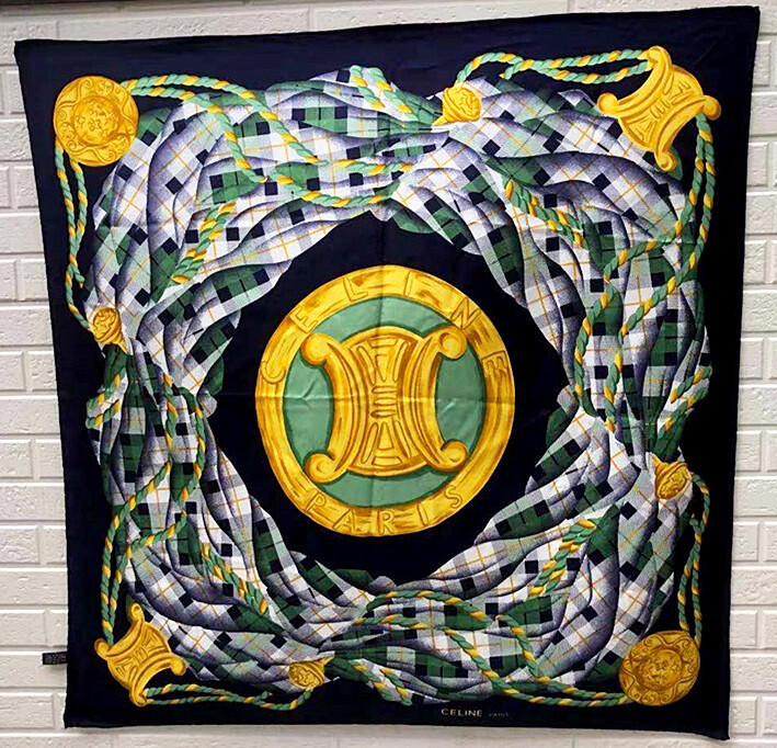 CELINE Scarf Navy edge Logo pattern silk Vintage 87x8… - Gem