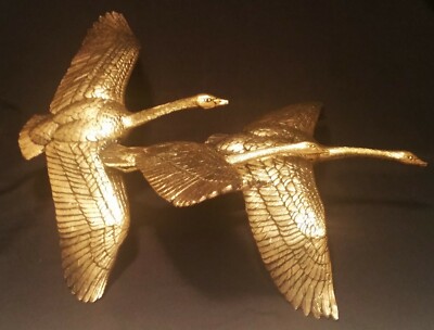 GEESE IN FLIGHT vtg gold bronze sculpture bird desk art statue lake ...
