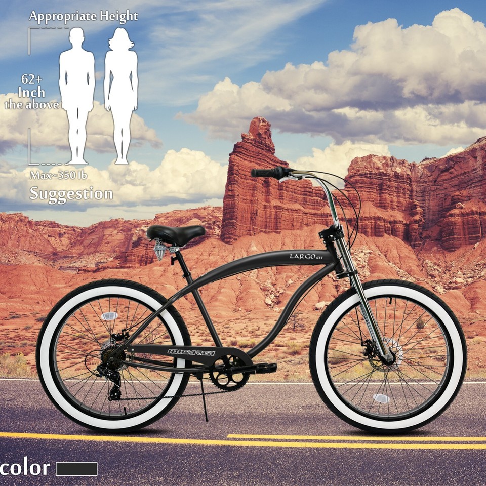 Largo GT 26" Matte Color Fat Tire 7 Speed Beach Cruiser Bicycle High ...