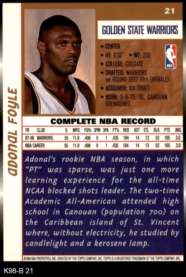 1998 Topps #21 Adonal Foyle Warriors Colgate University 8 - NM/MT | eBay