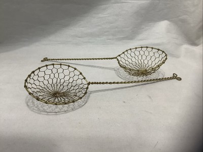 2 Vtg Gold Metal Mesh Spoon Scoop Wire Oil Skimmer Strainer Fried Egg ...