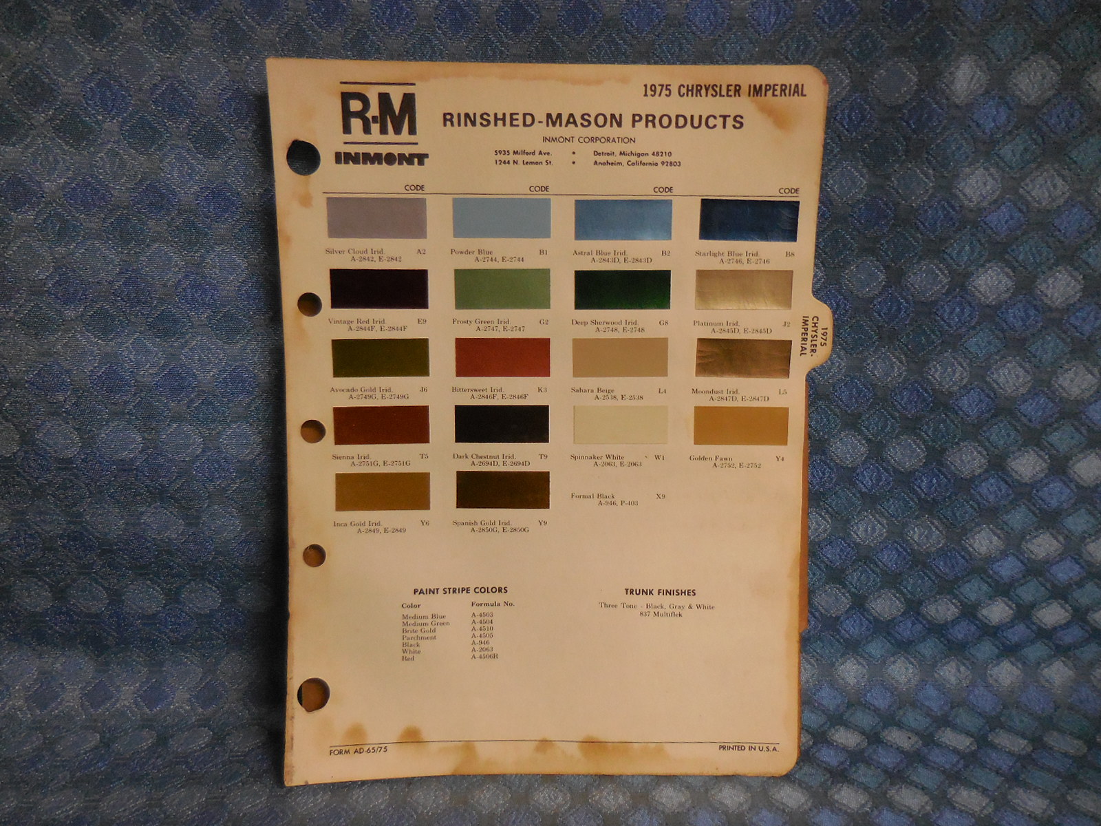 1975 Chrysler & Imperial Original R-M Paint Color Chip Chart | eBay