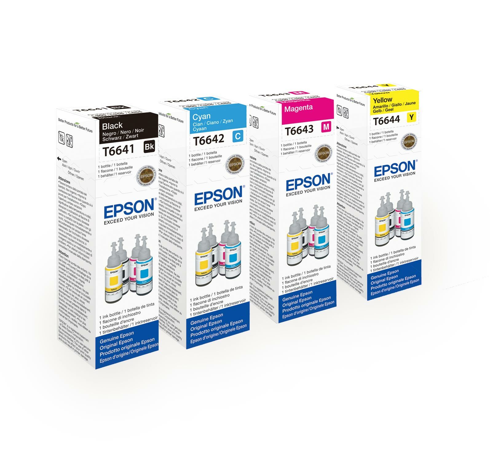 T6641 - T6644 Black Cyan Magenta & Yellow Epson Ecotank Printer Inks ...