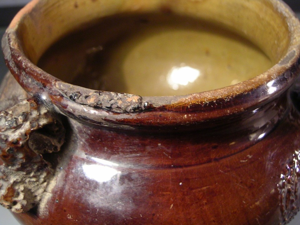 Antique Primitive Redware Pottery Jar Heart Treacle Glaze | eBay