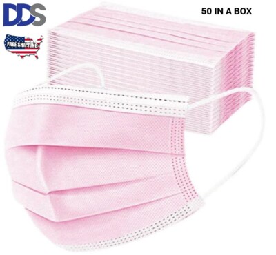 Pink Ear-Loop Face Mask, BOX OF 50 MASKS 3ply Face Mask Dental | eBay