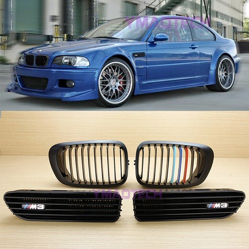 M-color Matte Black Front Grille + Side Fender Fit BMW E46 M3 (Pre ...