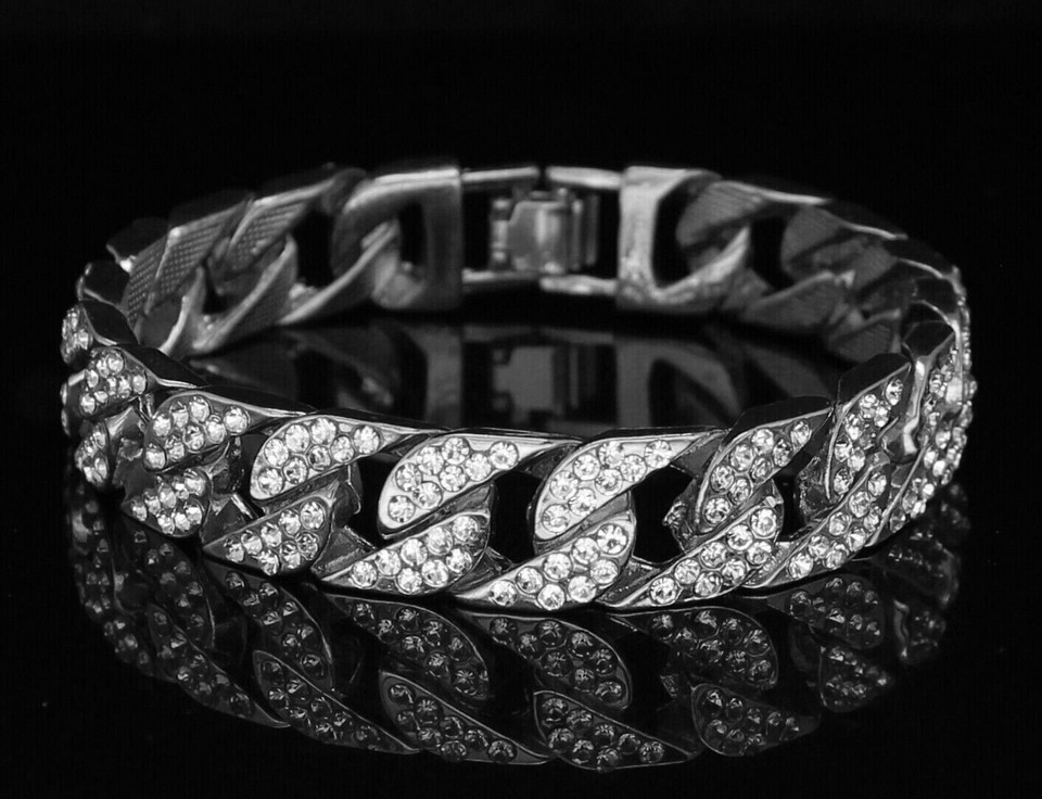 HIP HOP FULL ICED LUXURY SIMULATED DIAMOND SILVER WATCH & CUBAN ...