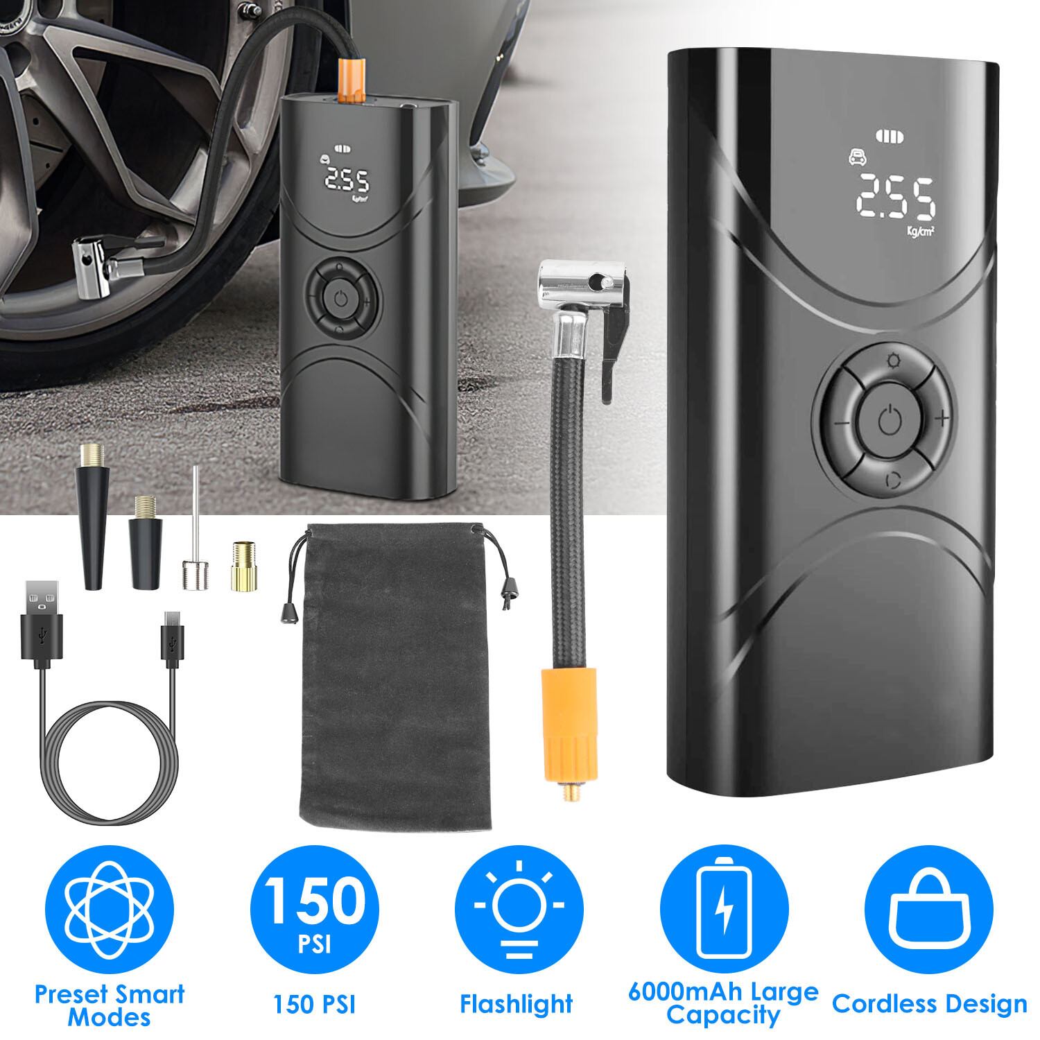 150 PSI Air Compressor Tire Inflator Fits Car Moto Bike Tires Air Pump ...