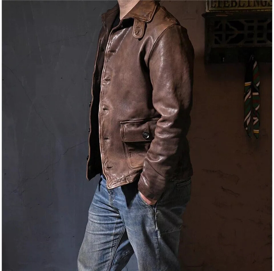 Mens Vintage Waxed Brown Motorcycle Jacket Casual Biker Leather Jacket ...