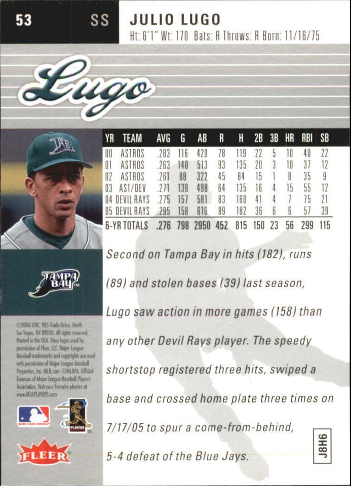 2006 Fleer Ultra #53 Julio Lugo Tampa Bay Devil Rays | eBay