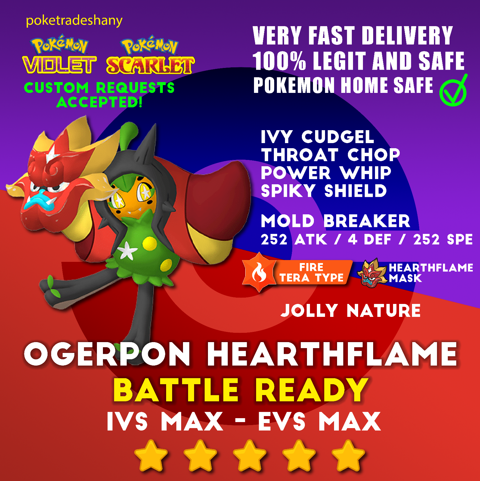 Pokemon Violet Scarlet Fire Ogerpon Battle Ready 100% LEGIT Hearthflame ...
