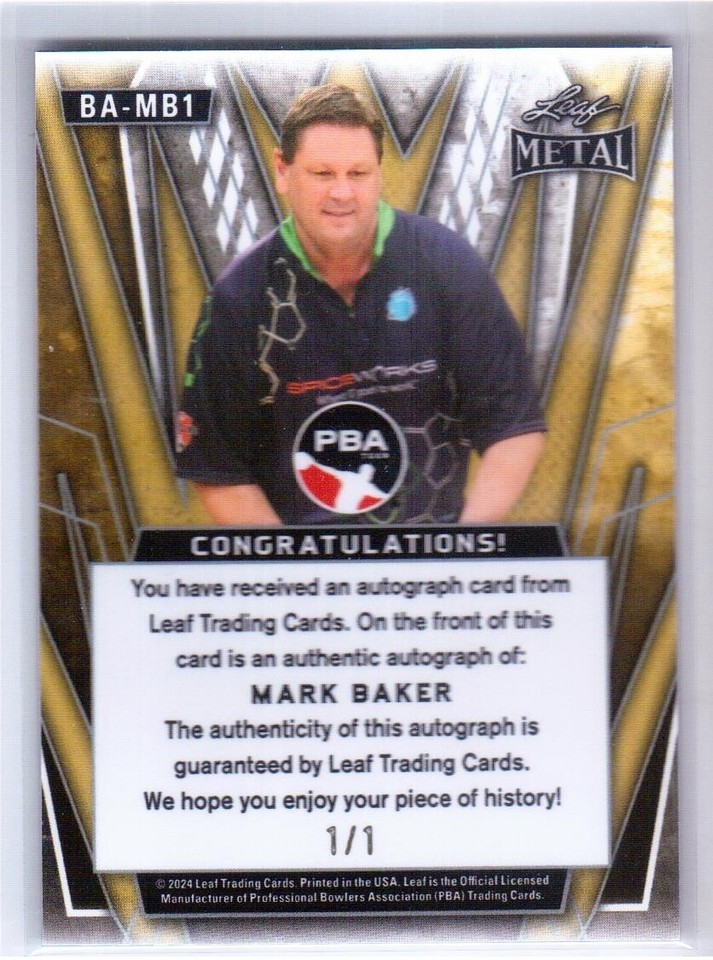 Mark Baker 2024 Leaf Metal Autograph Gold Prismatic 1/1 PBA Bowling | eBay