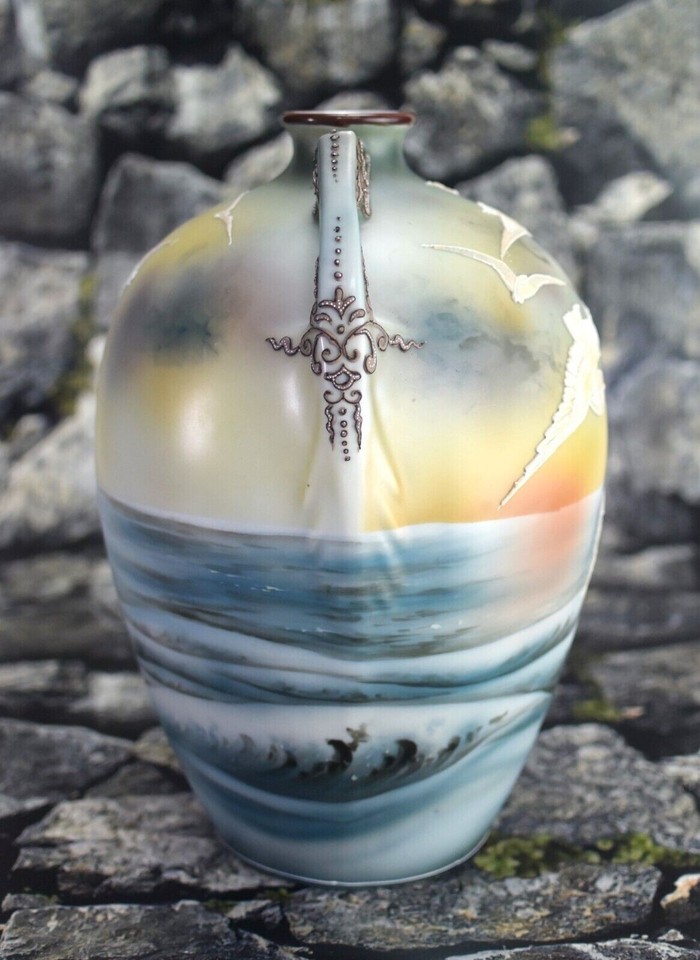 Antique Nippon Vase Moriage Raised Enamel Porcelain Seagulls Motif ...