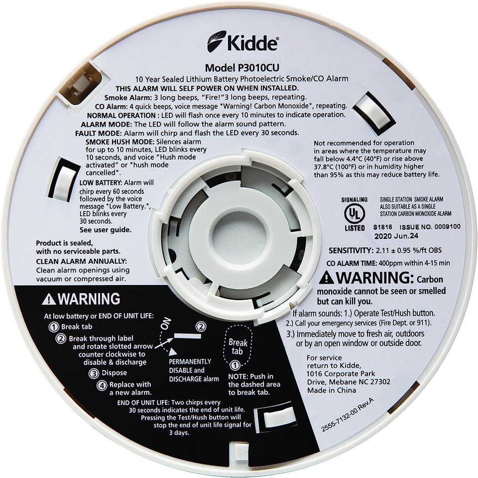 Kidde P3010CU Battery Smoke Detector Carbon Monoxide Alarm Combo Voice ...
