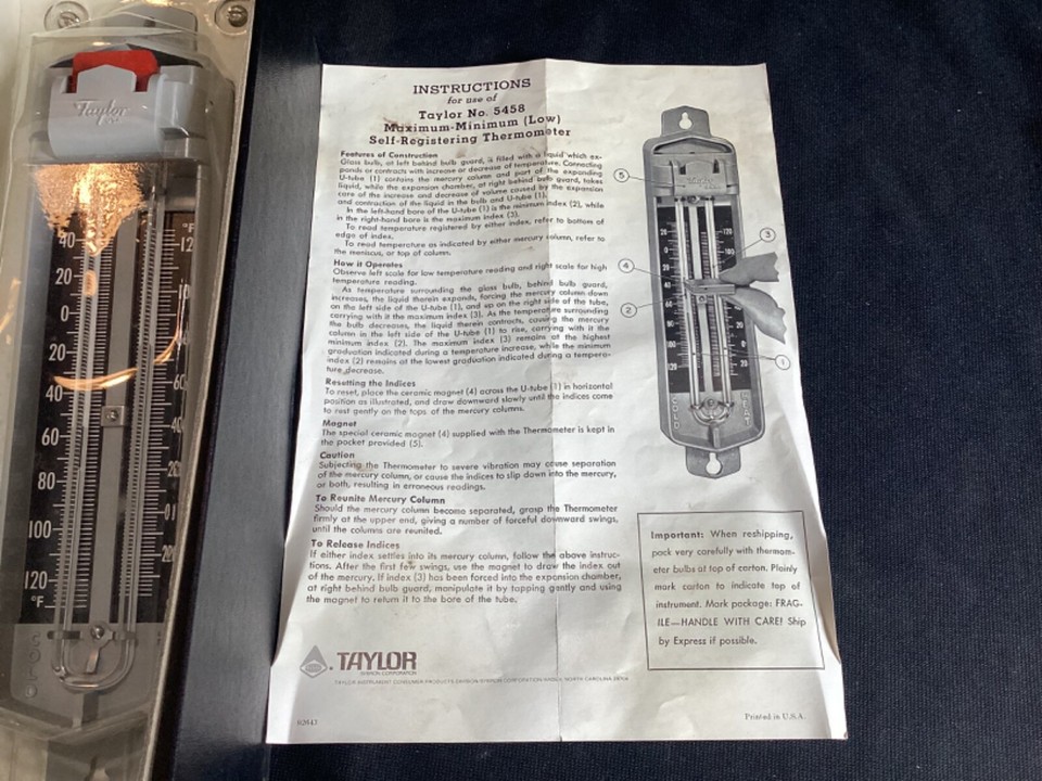 Vintage Taylor 5458 Self Registering Maximum/Minimum Thermometer w/ Box ...